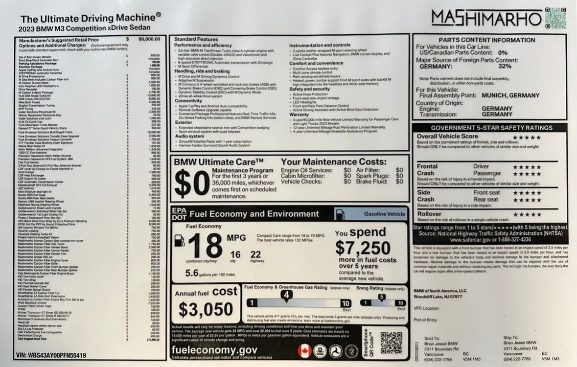 Custom BMW Window Label Monroney (with mods) – bmwmpower247